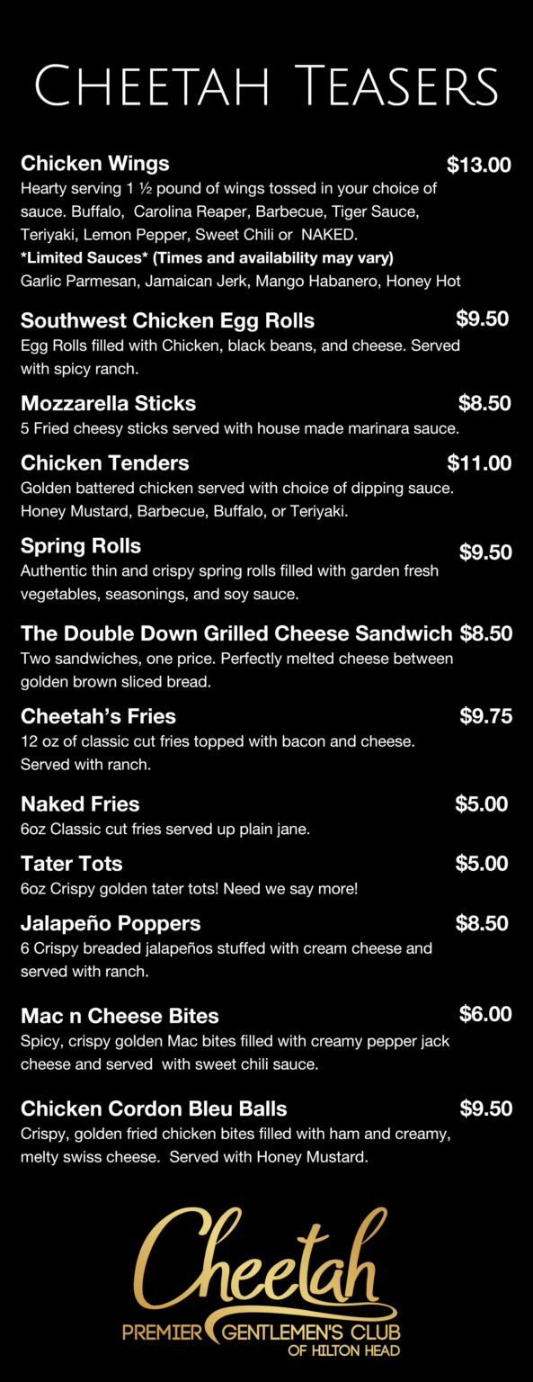 Menu - Cheetah Premier Gentlemen's Club of Hilton Head